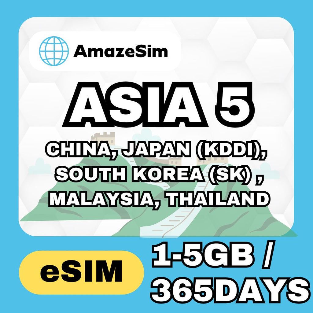 AmazeSim ASIA 5 eSIM 365 Days High speed 5G data 1-5 GB | 24H Email De ...